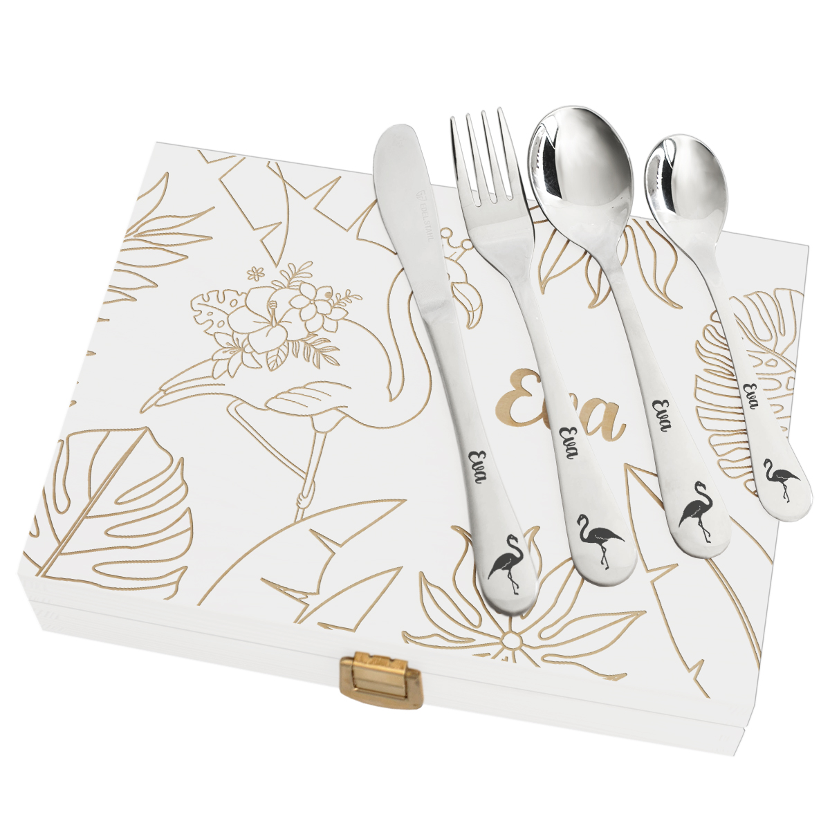 Talheres infantis gravados flamingo | Talheres personalizados para crianças
